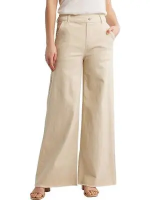 Hue Raw Hem Wide Leg Denim Pants - Ecru