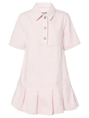 GANNI Pleated Denim Shirt Dress - Pink