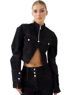 JENDUE Davidson Cropped Denim Jacket With Architectural Sleeves - Deep Blue