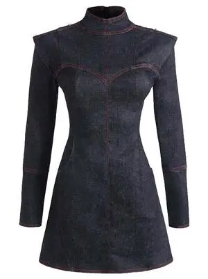JENDUE Jendue Harvey Denim Mini Dress With Mock Neck And Corset Detail