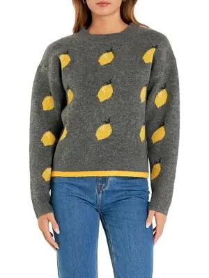 English Factory Lemon Print Crewneck Sweater - Charcoal