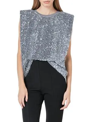 Endless Rose Sequin Padded Shoulder Velvet Top - Grey