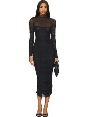 SEROYA Trina Mesh Ruched Midi Dress - Black