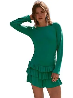 Free People Ruffle Long-Sleeve Mini Dress Vivid Green