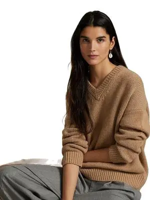 Ralph Lauren Cashmere High V-neck Sweater - Collection Camel Melange