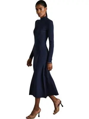 REISS Hannah Ribbed Midi Dress - Navy