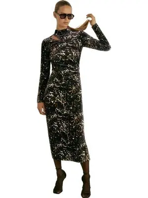 REISS Sonya Cut Out Abstract Print Velvet Midi Dress - Black