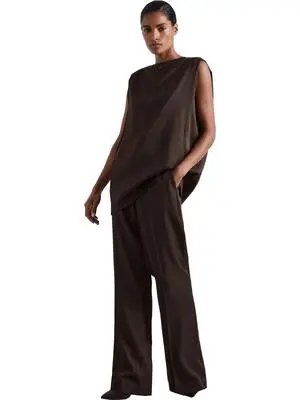 REISS Camille Atelier Satin Tunic Top With Wool - Chocolate