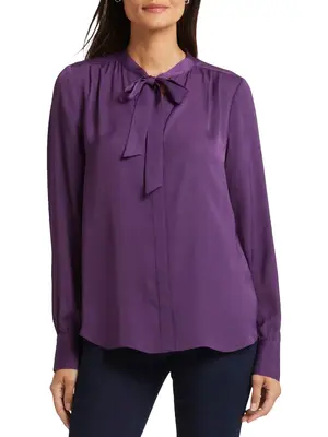 NYDJ Tie Neck Satin Shirt - Grape Royale