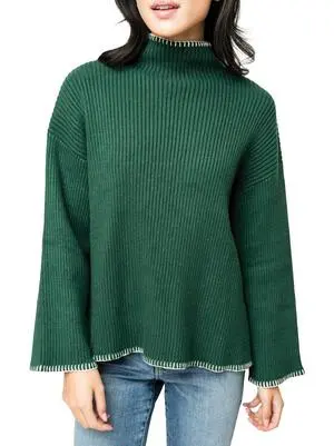 GIBSONLOOK Whipstitch Trim Ribbed Sweater - Green Forest Ivory