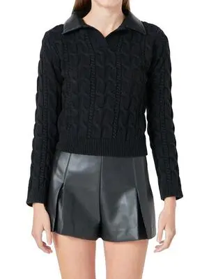 Endless Rose Faux Leather Collar Cable Sweater - Black