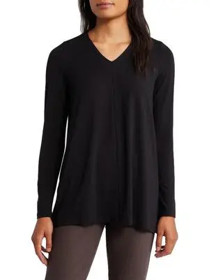 Eileen Fisher Long Sleeve V-neck Tunic Top - Black