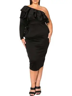 L I V D Val Ruffle One-shoulder Midi Dress - Black