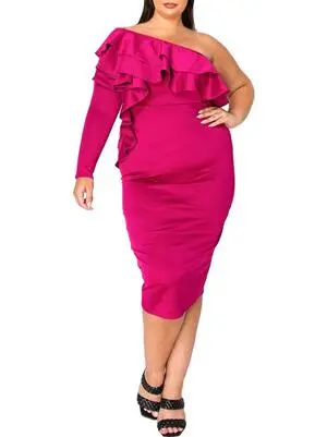 L I V D Val Ruffle One-shoulder Midi Dress - Magenta