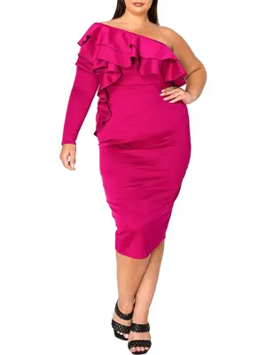 L I V D L I V D Val Ruffle One-Shoulder Midi Dress Red Overflow