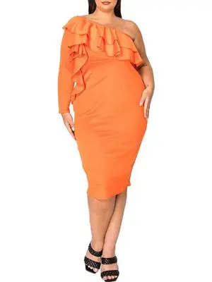 L I V D Val Ruffle One-shoulder Midi Dress - Tangerine