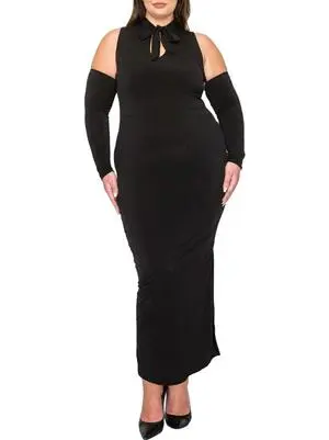 L I V D Fatale Tie Neck Cold Shoulder Long Sleeve Dress - Black