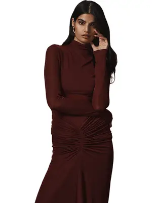 Ronny Kobo Scorpio Mock-Neck Ruched Jersey Maxi Dress Red