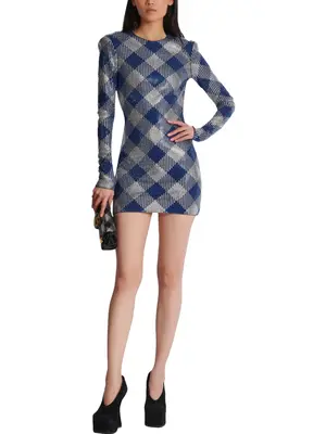 Balmain Gingham Rhinestone Mini Dress - Blue