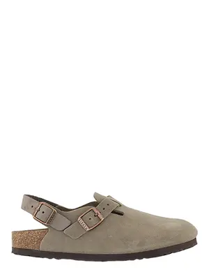 BIRKENSTOCK Logo-Embossed Suede Slingback Clogs Taupe Suede