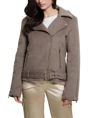 Guess GUESS Nancy Moto Jacket With Faux Fur Collar Walnut Shell Multi