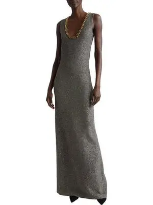 St. John Sequin Embellished Tweed Gown - Carbon/ Gold Multi