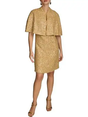 Donna Karan New York Sequin Tweed Cape & Sheath Dress Set - Gold