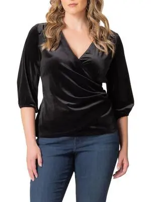 KIYONNA Odette Velvet Faux Wrap Top - Onyx