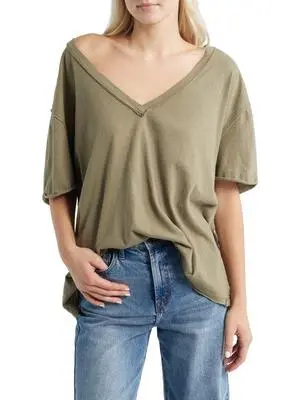 Free People Nina V-neck Cotton T-shirt - Olive Stone