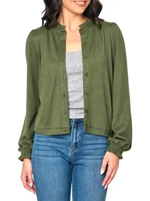 GIBSONLOOK Ruffle Accent Cardigan - Martini Olive