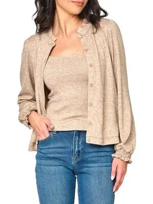 GIBSONLOOK Ruffle Accent Cardigan - Oatmeal Sand