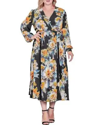 STANDARDS & PRACTICES Floral Print Georgette Midi Wrap Dress - Black Ink Floral