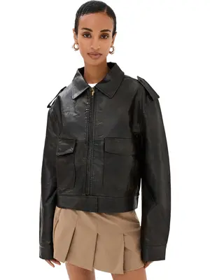 Lioness Faux Leather Bomber Jacket - Washed Onyx