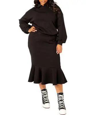 BUXOM COUTURE Scuba Knit Hoodie & Midi Skirt Set - Black