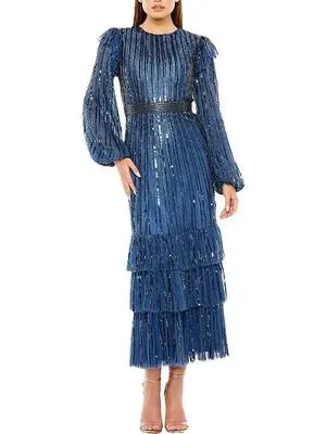 Mac Duggal Sequined Long Sleeve Ruffled Dress - Midnight