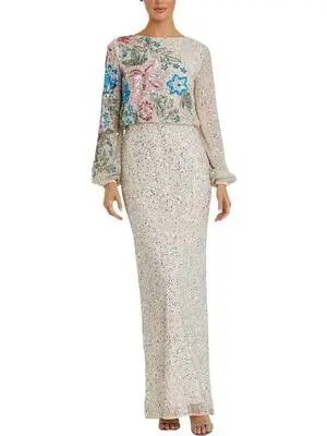 Mac Duggal Embellished Floral High Neck Gown Nude Multi