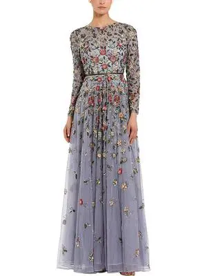 Mac Duggal Mac Duggal Embellished High Neck Long Sleeve A-Line Gown Grey Multi