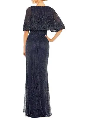 Mac Duggal High Neck Embellished Cape Column Gown - Midnight