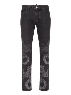 Philipp Plein Dragon-print Straight-leg Jeans - Grey