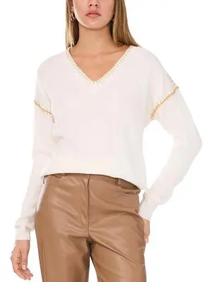 Vince Camuto V-neck Whipstitch Sweater - Antique White