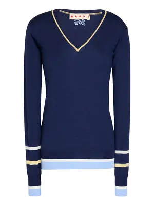 Marni Striped Wool And Silk-Blend Sweater Navy