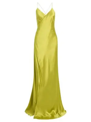 Michelle Mason Silk-Satin Wrap Gown Chartreuse