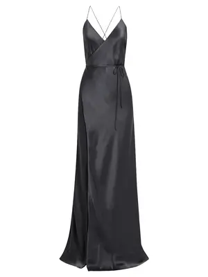 Michelle Mason Silk-Satin Wrap Gown Dark Gray