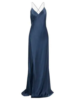 Michelle Mason Silk-satin Wrap Gown - Slate Blue