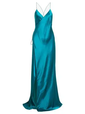 Michelle Mason Silk-satin Wrap Gown - Teal