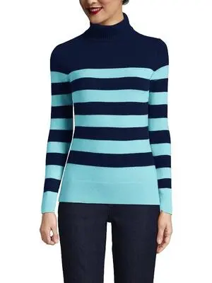 LANDS' END Lands' End Cashmere Turtleneck Sweater Deep Sea Navy/aqua Stripe