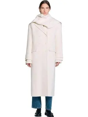 Sandro Oversized Wool Coat With Scarf - Ecru