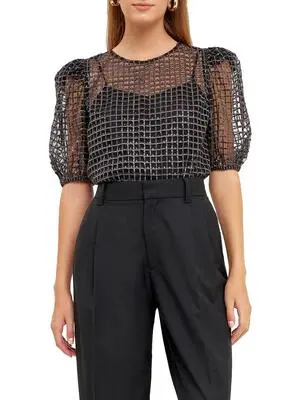 Endless Rose Sequin Grid Mesh Top - Black