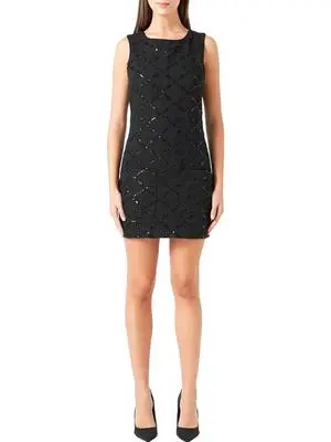 Endless Rose Sequin Sleeveless Tweed Mini Sheath Dress - Black