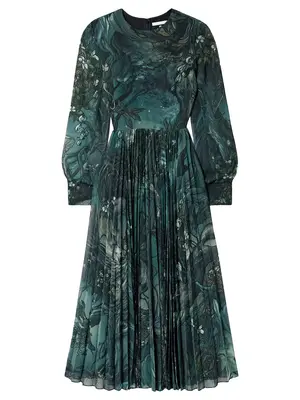 JASON WU Printed Plissé-chiffon Midi Dress - Blue